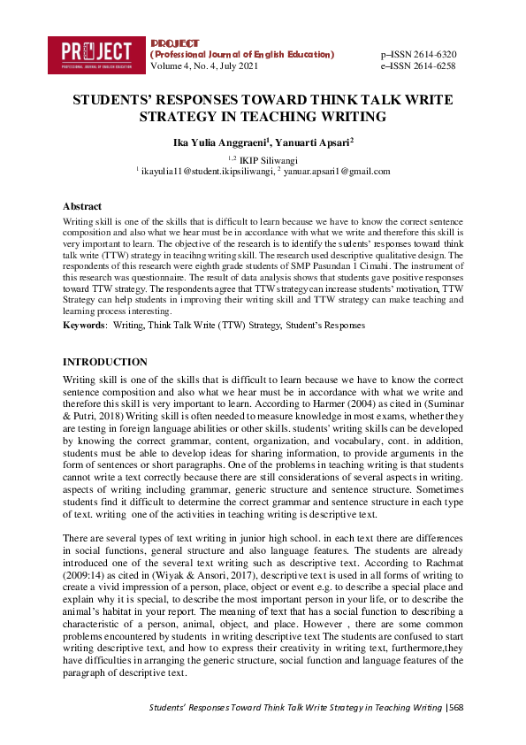 (PDF) Students’ Responses Toward Think Talk Write Strategy in Teaching ...