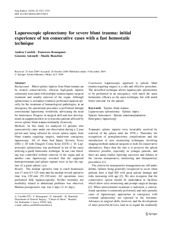 (PDF) Laparoscopic splenectomy for severe blunt trauma: initial ...