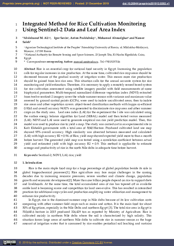 Pdf Integrated Method For Rice Cultivation Monitoring Using Sentinel