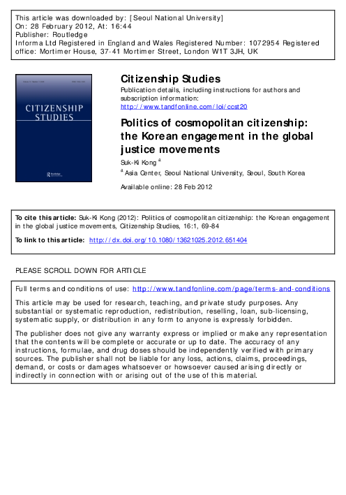 (PDF) Politics of cosmopolitan citizenship: the Korean engagement in ...