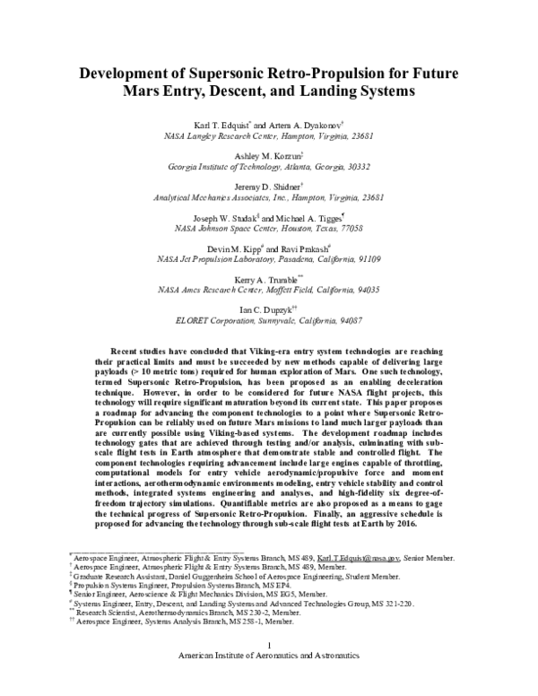 (PDF) Development of Supersonic Retropropulsion for Future Mars Systems ...