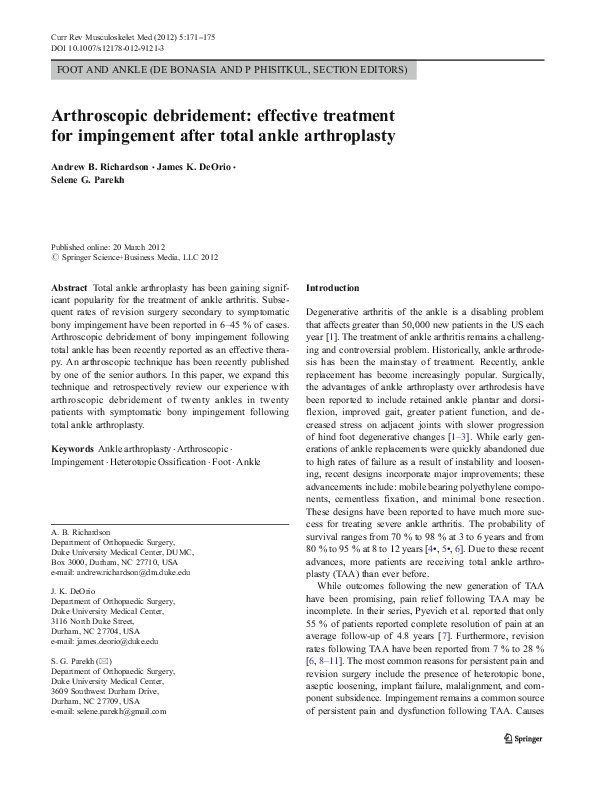 (PDF) Arthroscopic debridement: effective treatment for impingement after total ankle arthroplasty