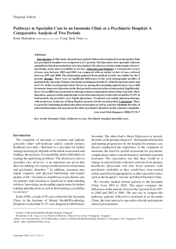 (PDF) Pathways to specialist care in an insomnia clinic at a ...
