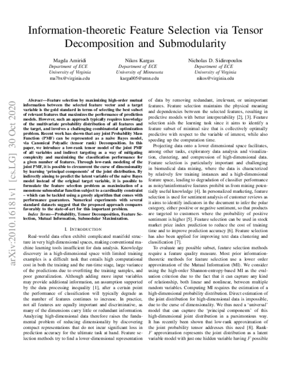Pdf Information Theoretic Feature Selection Via Tensor Decomposition And Submodularity Magda 
