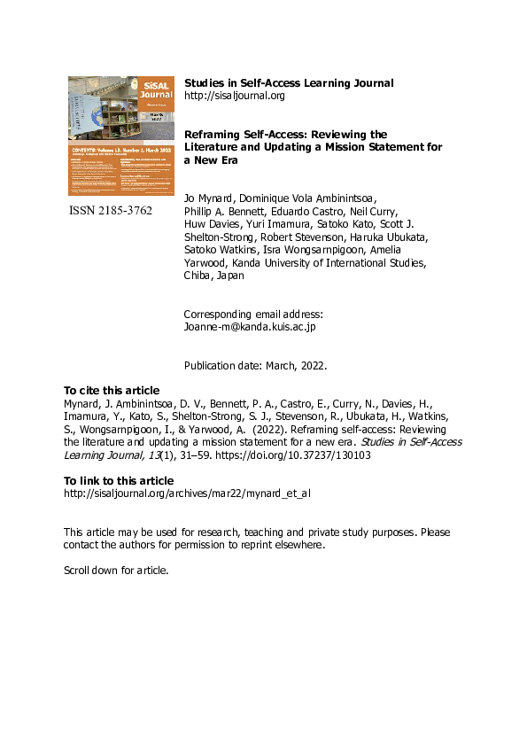 (DOC) Reframing Self-Access: Reviewing the Literature and Updating a ...