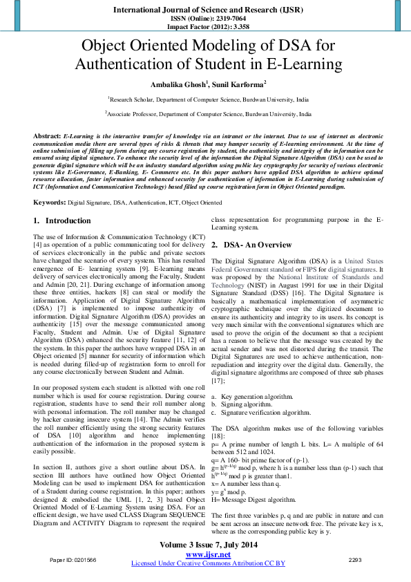(PDF) Object Oriented Modeling of DSA for Authentication of Student in E-Learning