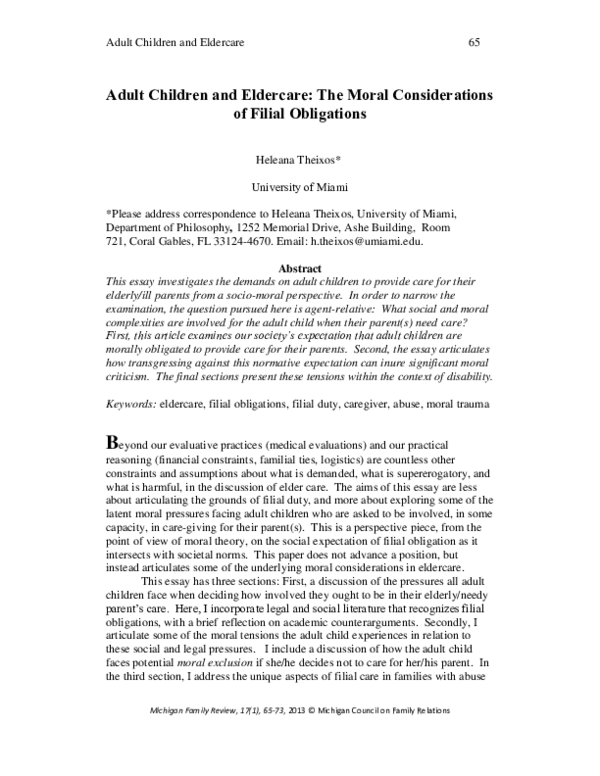 (PDF) Adult Children and Eldercare: The Moral Considerations of Filial ...