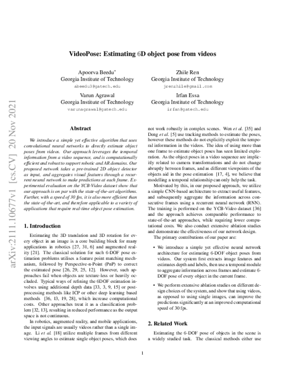 (PDF) VideoPose: Estimating 6D object pose from videos