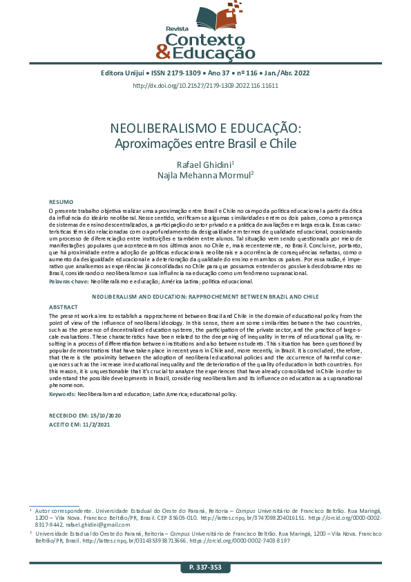 (PDF) NEOLIBERALISMO E EDUCAÇÃO: Aproximações entre Brasil e Chile