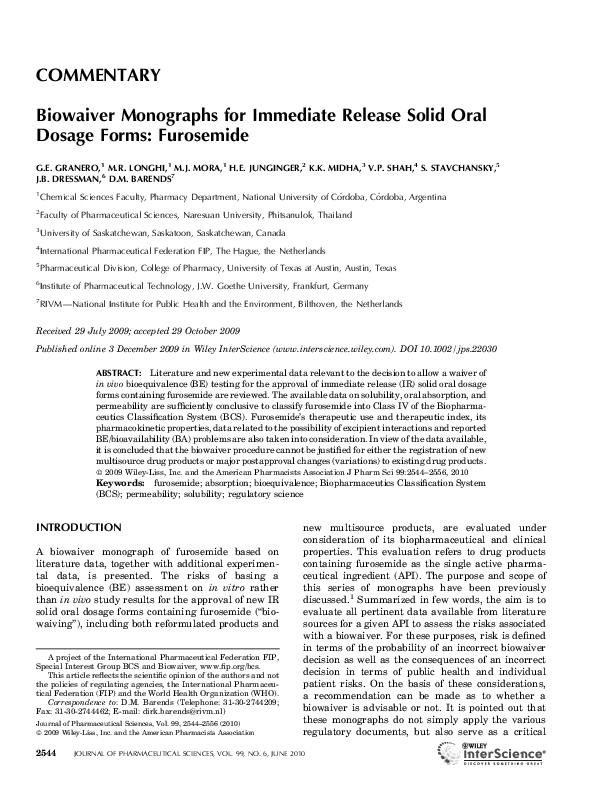 (PDF) Biowaiver monographs for immediate release solid oral dosage ...