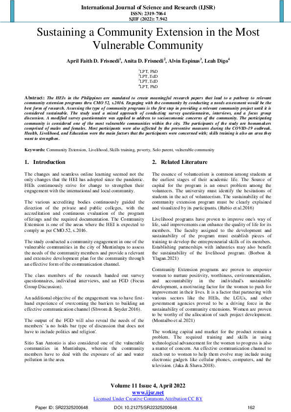 (PDF) Sustaining a Community Extension in the Most Vulnerable Community