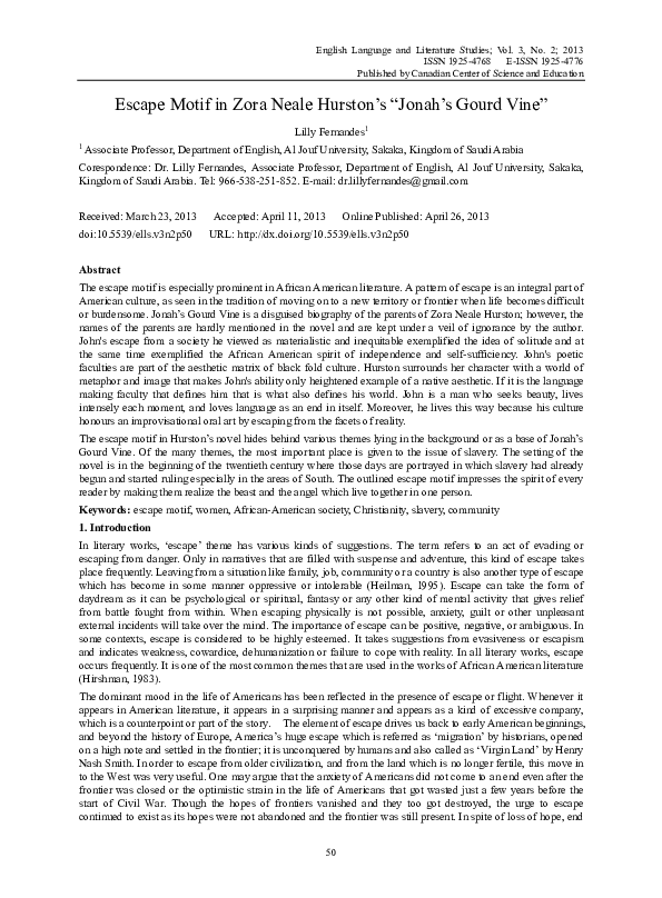 (PDF) Escape Motif in Zora Neale Hurston’s “Jonah’s Gourd Vine” | Lilly ...