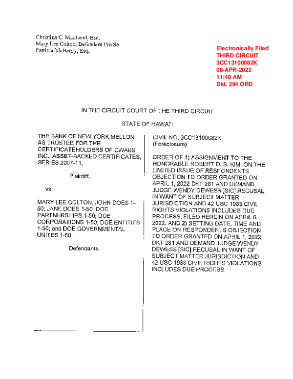 (PDF) Circuit Court of State of Hawaii - BNYM v. Mary Lee Colton, et al ...