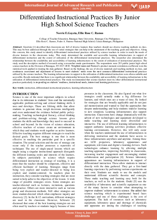 (PDF) Differentiated Instructional Practices By Junior High School Science Teachers
