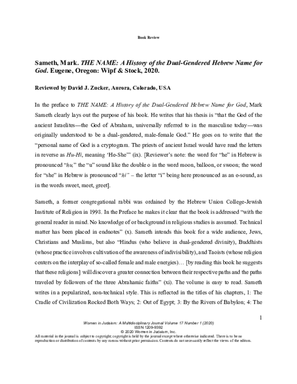 (PDF) Sameth, Mark. The NAME: A History of the Dual-Gendered Hebrew ...