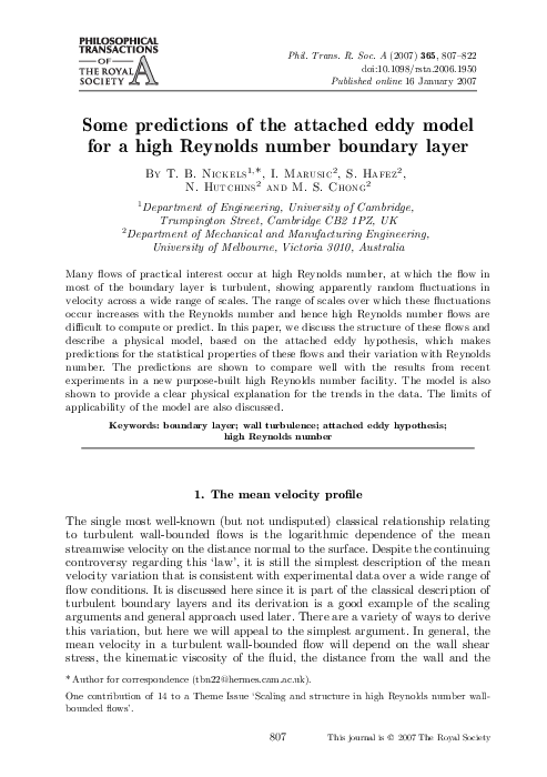 (PDF) Some predictions of the attached eddy model for a high Reynolds number boundary layer