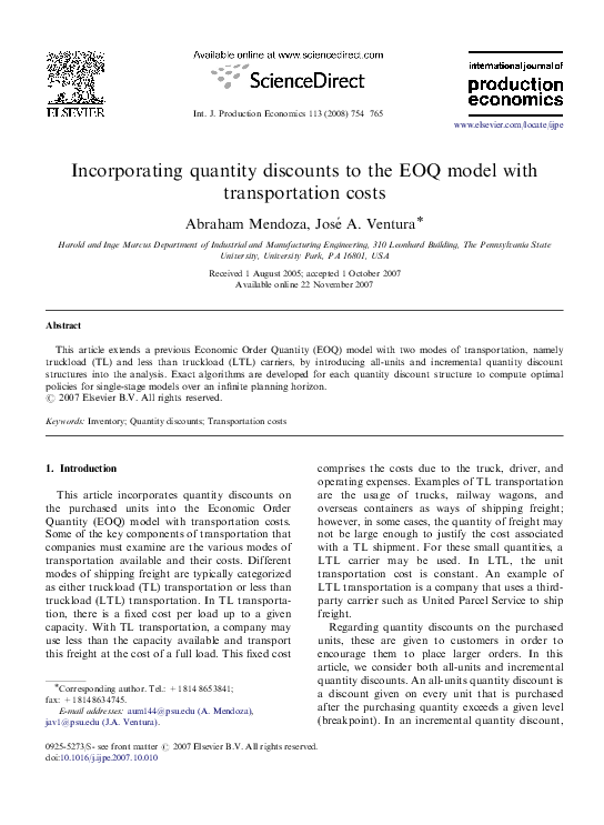(PDF) Incorporating quantity discounts to the EOQ model with transportation costs