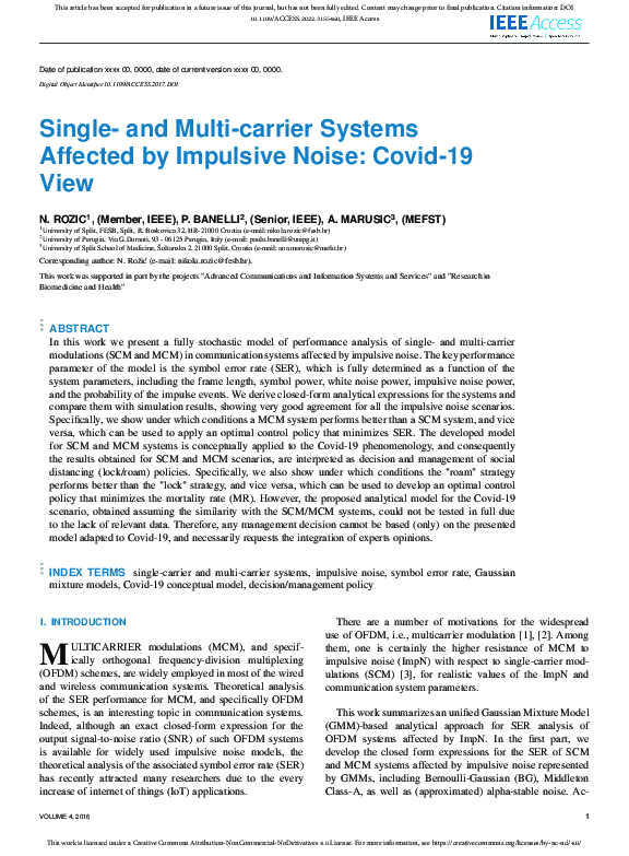(PDF) Single- and Multi-carrier Systems Affected by Impulsive Noise: Covid-19 View