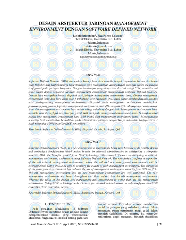 (PDF) Desain Arsitektur Jaringan Management Environment Dengan Software Defined Network