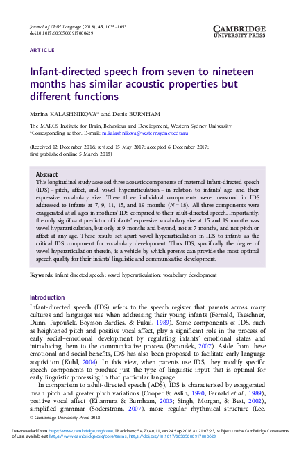 (PDF) Infant-directed speech from seven to nineteen months has similar acoustic properties but ...