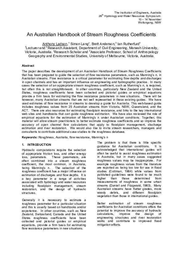 (PDF) An Australian handbook of stream roughness coefficients