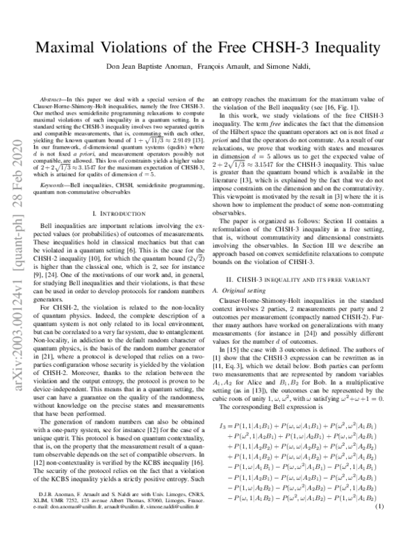 (PDF) Maximal Violations of the Free CHSH-3 Inequality