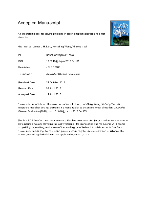 Pdf An Integrated Model For Solving Problems In Green Supplier Selection And Order Allocation