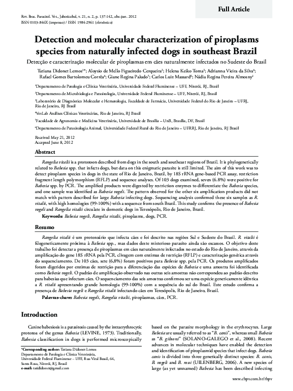 (PDF) Detection and molecular characterization of piroplasms species ...