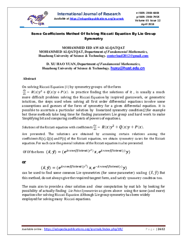 (PDF) Some Coefficients Method Of Solving Riccati Equation By Lie Group ...