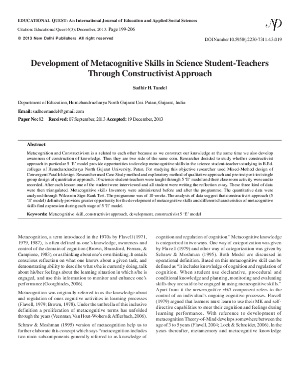 (PDF) Development of Metacognitive Skills in Science Student-Teachers Through Constructivist ...