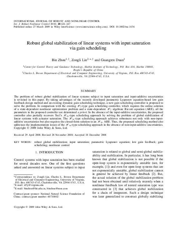 (PDF) Robust global stabilization of linear systems with input saturation via gain scheduling