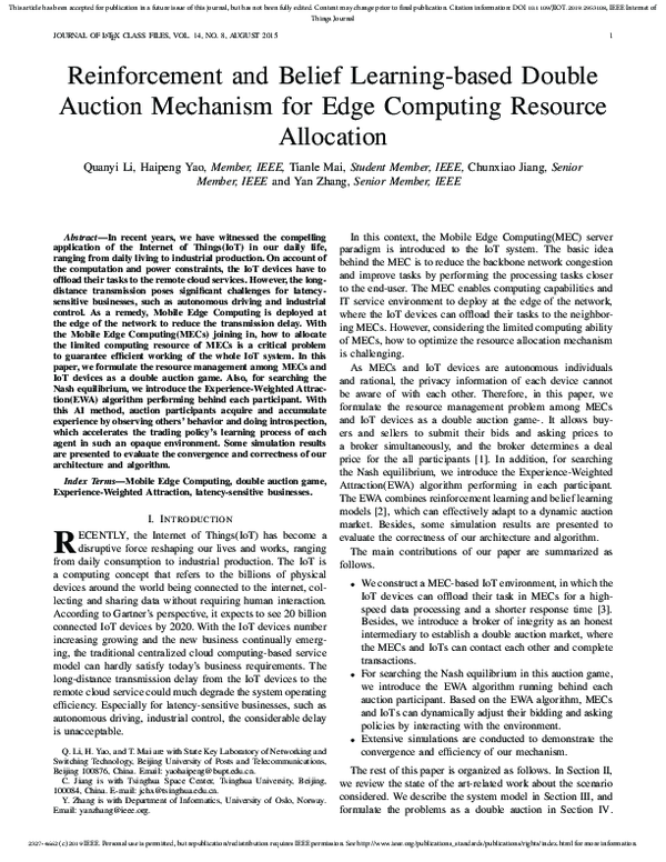 (PDF) Reinforcement and Belief Learning-based Double Auction Mechanism for Edge Computing ...