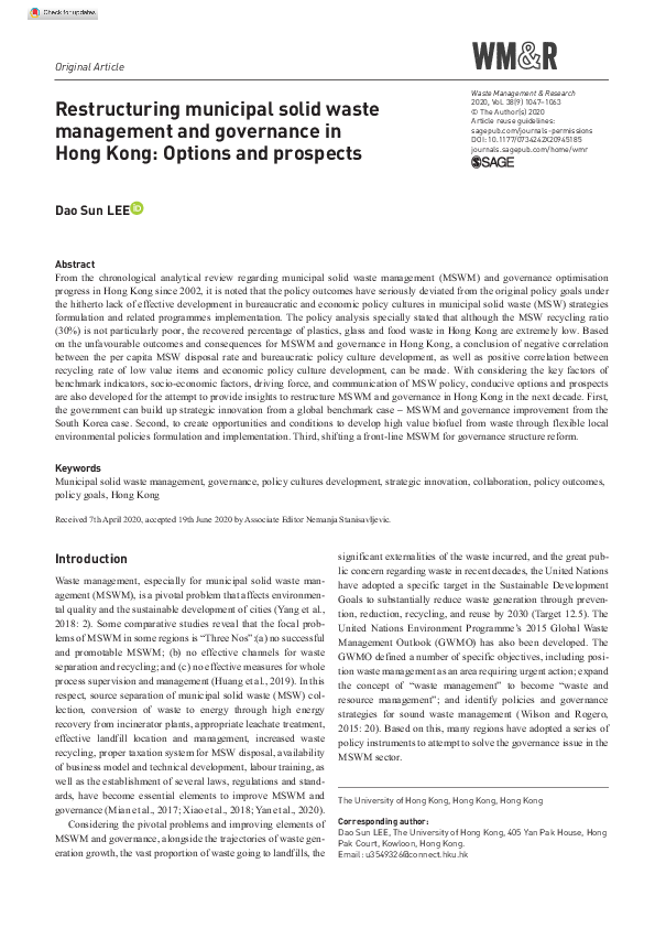 (PDF) Restructuring municipal solid waste management and governance in ...
