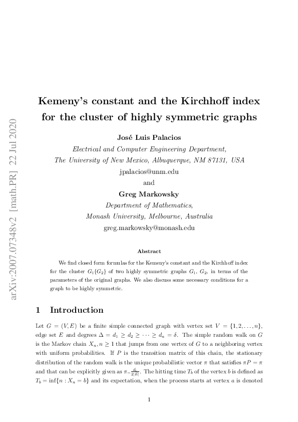 (PDF) Kemeny’s constant and the Kirchhoff index for the cluster of highly symmetric graphs