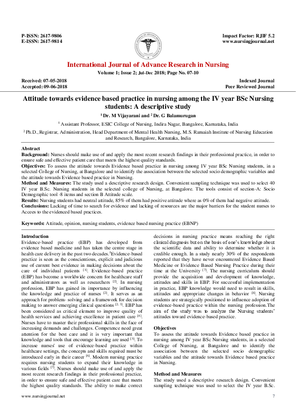 (PDF) Attitude towards evidence based practice in nursing among the IV year BSc Nursing students ...