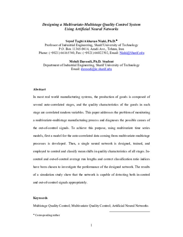 (PDF) Designing a multivariate–multistage quality control system using ...