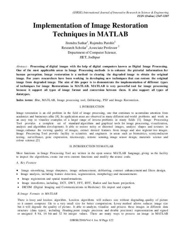 (PDF) Implementation of Image Restoration Techniques in MATLAB