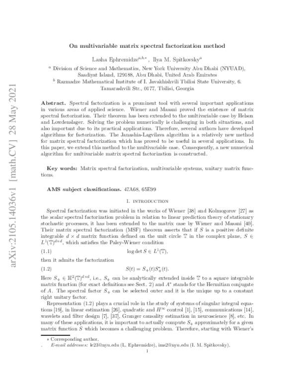 (PDF) On multivariable matrix spectral factorization method