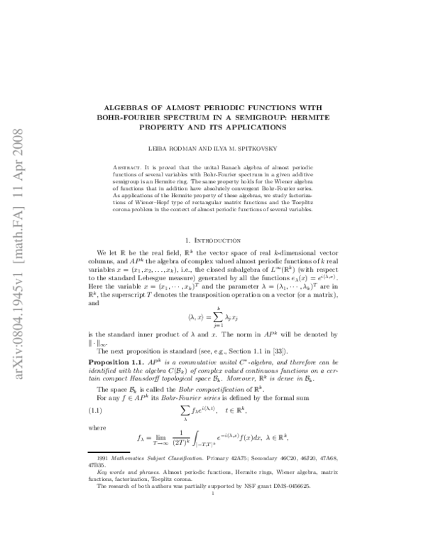 (PDF) Algebras of almost periodic functions with Bohr–Fourier spectrum in a semigroup: Hermite ...