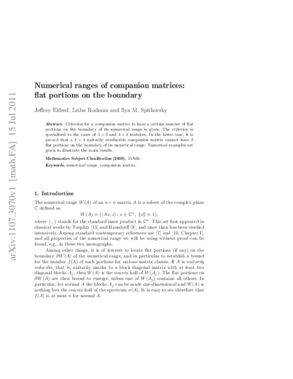 (PDF) Numerical ranges of companion matrices: flat portions on the boundary