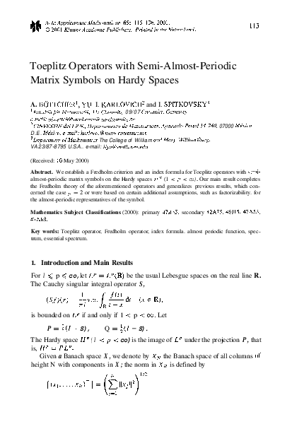 Pdf Toeplitz Operators With Semi Almost Periodic Matrix Symbols On Hardy Spaces Ilya