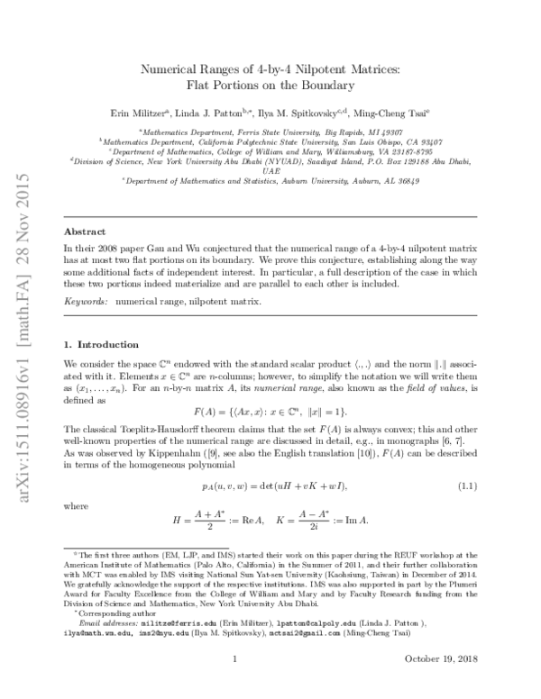 (PDF) Numerical Ranges of 4-by-4 Nilpotent Matrices: Flat Portions on the Boundary