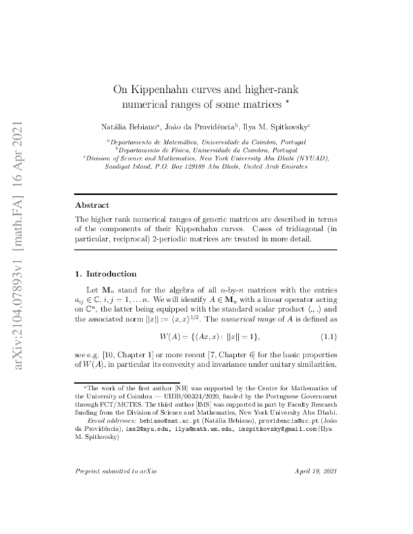 (PDF) On Kippenhahn curves and higher-rank numerical ranges of some matrices