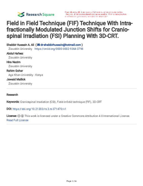 (PDF) Field in Field Technique (FIF) Technique With Intra-fractionally ...