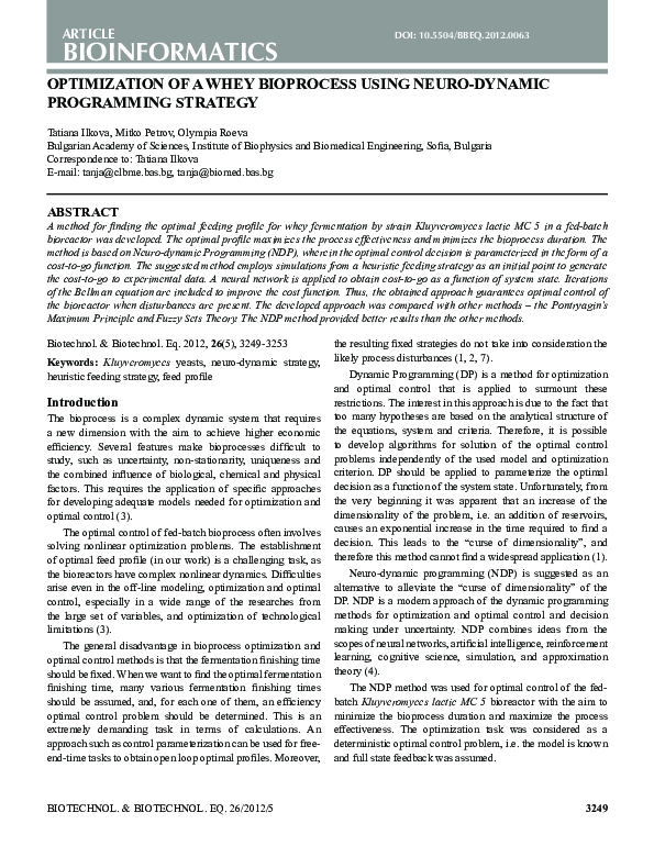 (PDF) Optimization of a Whey Bioprocess Using Neuro-Dynamic Programming ...