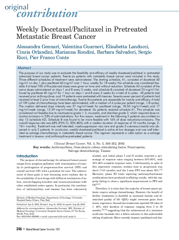 (PDF) Weekly Docetaxel/Paclitaxel for Metastatic Care