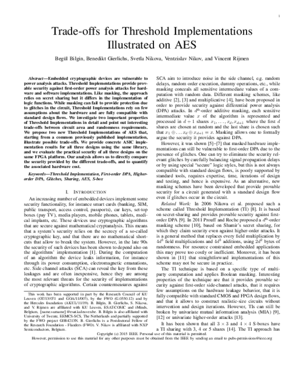 (PDF) Trade-offs for Threshold Implementations Illustrated on AES