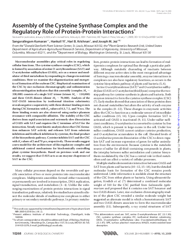 (PDF) Assembly of the Cysteine Synthase Complex and the Regulatory Role ...
