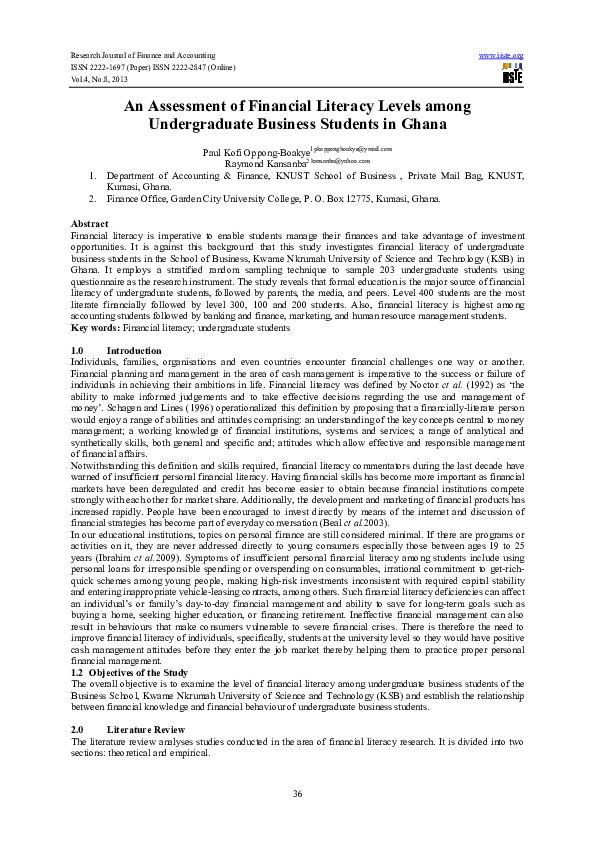(PDF) An Assessment of Financial Literacy Levels among Undergraduate ...