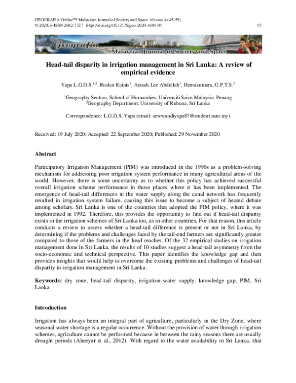 (PDF) Head-tail disparity in irrigation management in Sri Lanka: A ...